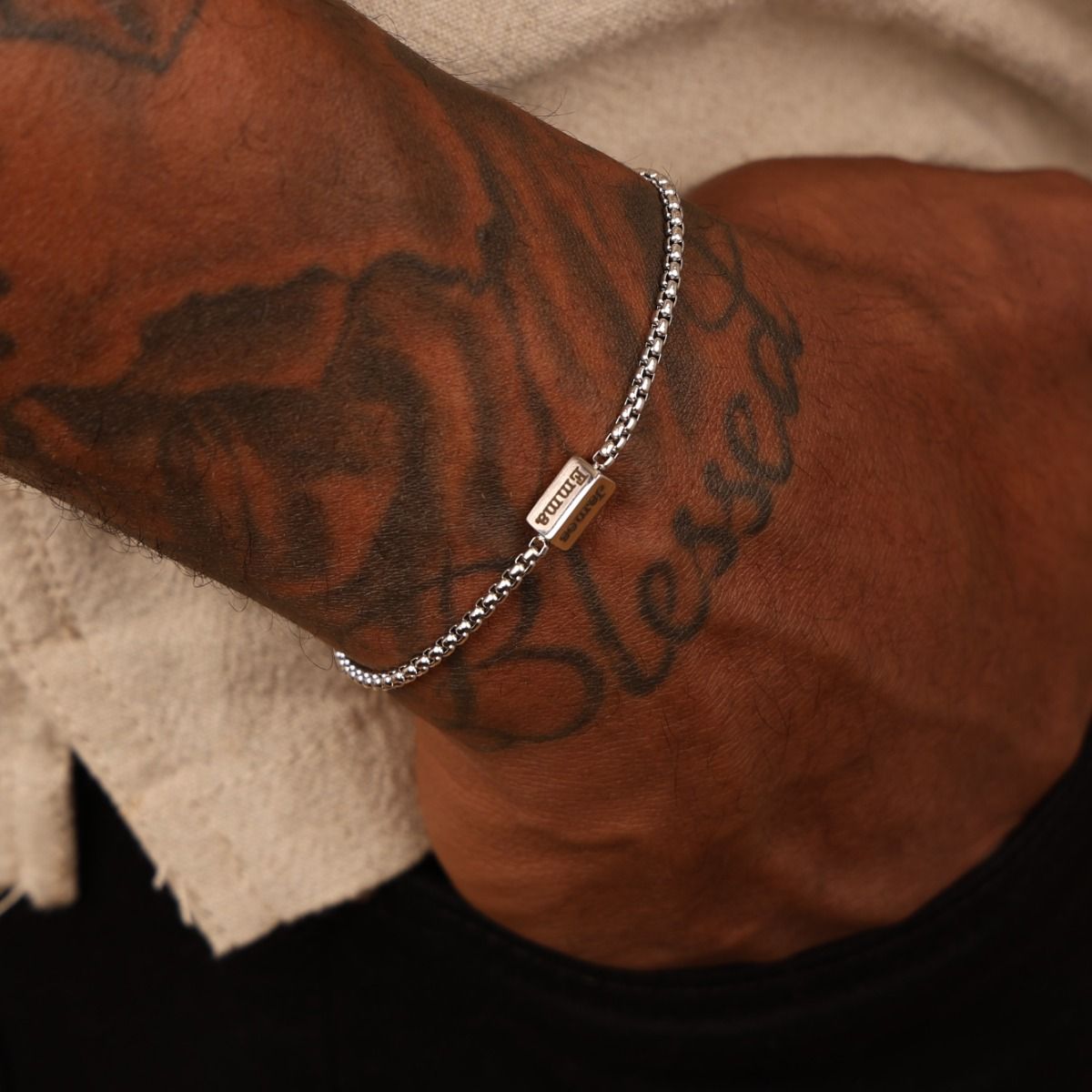 Engraved Bar Box Chain Bracelet for Men Stainless Steel